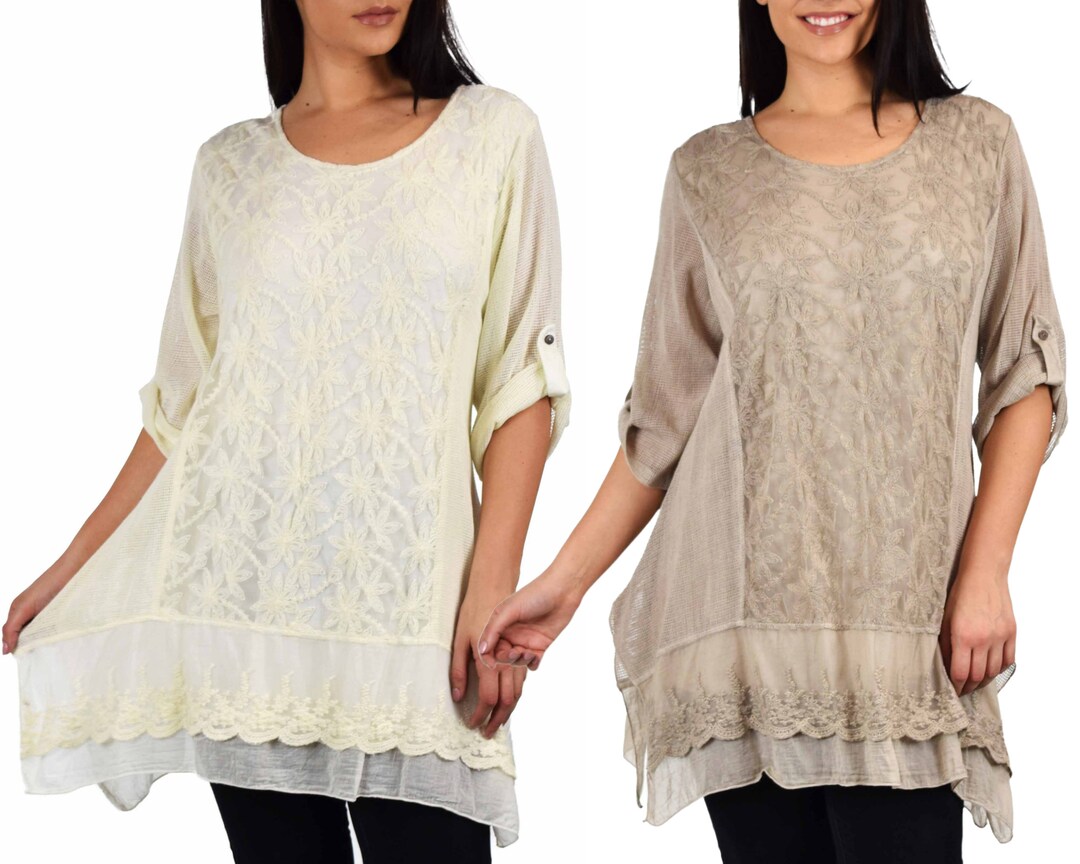 Women Plus Size Loose Fitting Netted Embroidered Tunic Blouse Top With ...