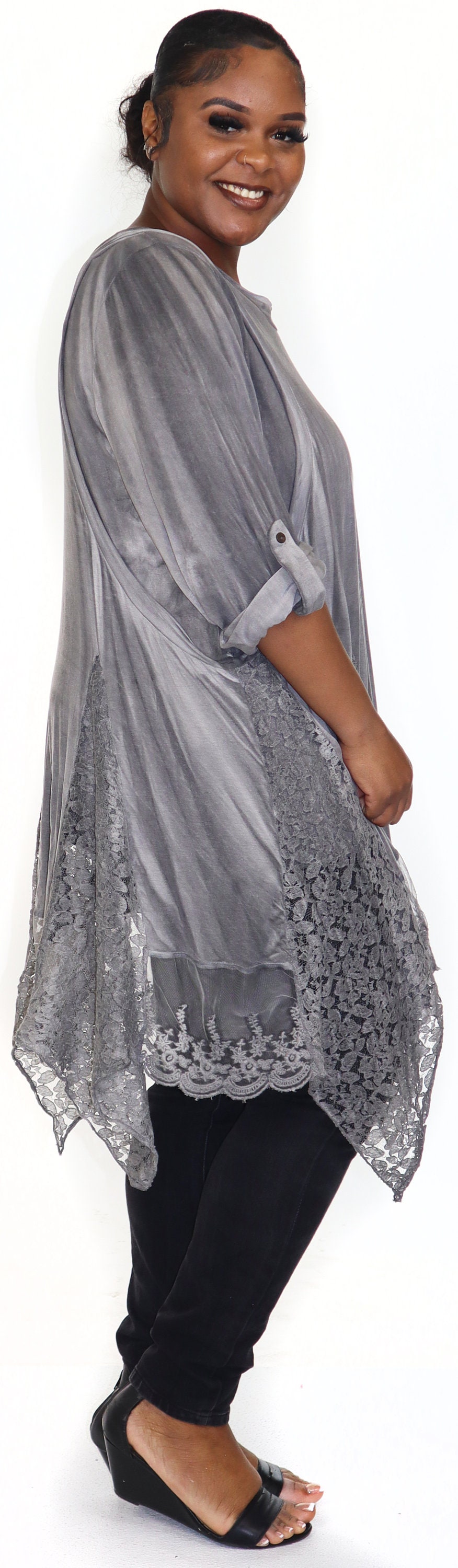 Women Plus Size Asymmetrical Lace Tunic Blouse Top Set, 2 Pc Tunic Set ...