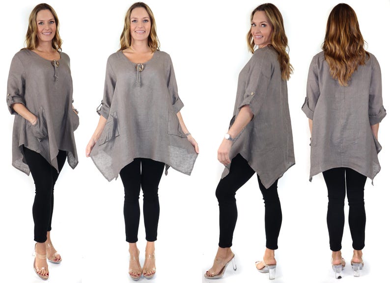 Womens Linen Relaxed Fit Oversized Tunic Blouse Top With Front Pockets ...