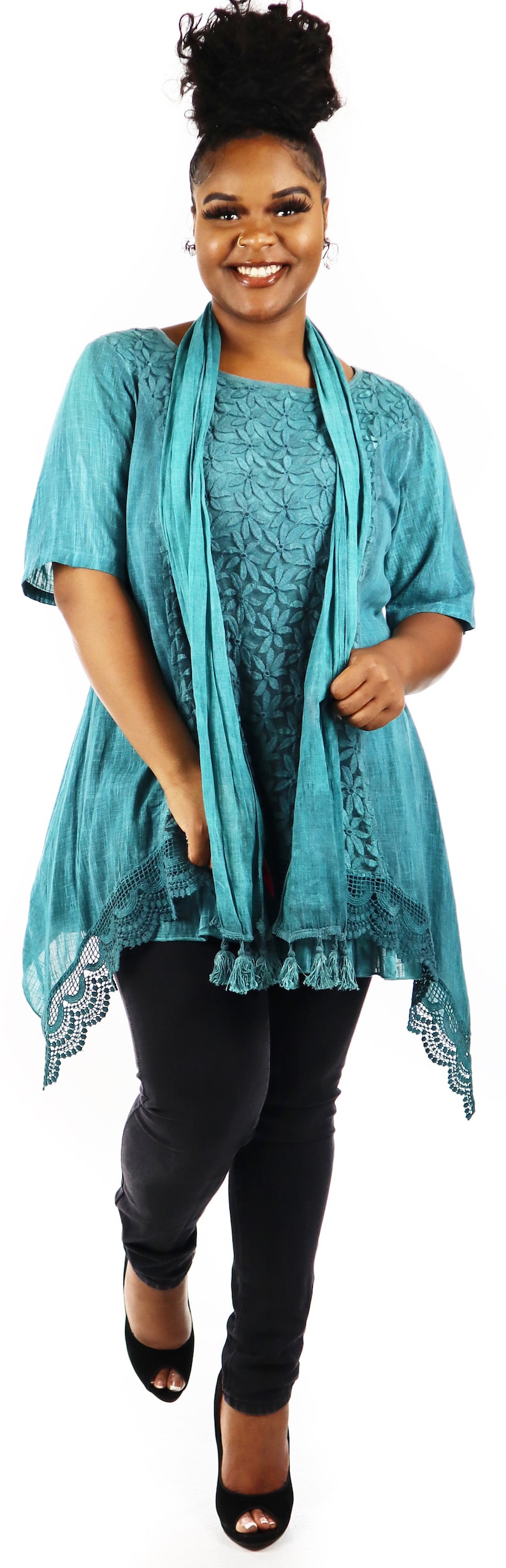 Embroidered Lace Asymmetrical Tunic With Scarf, Plus Size Lace Tunic, 2 ...