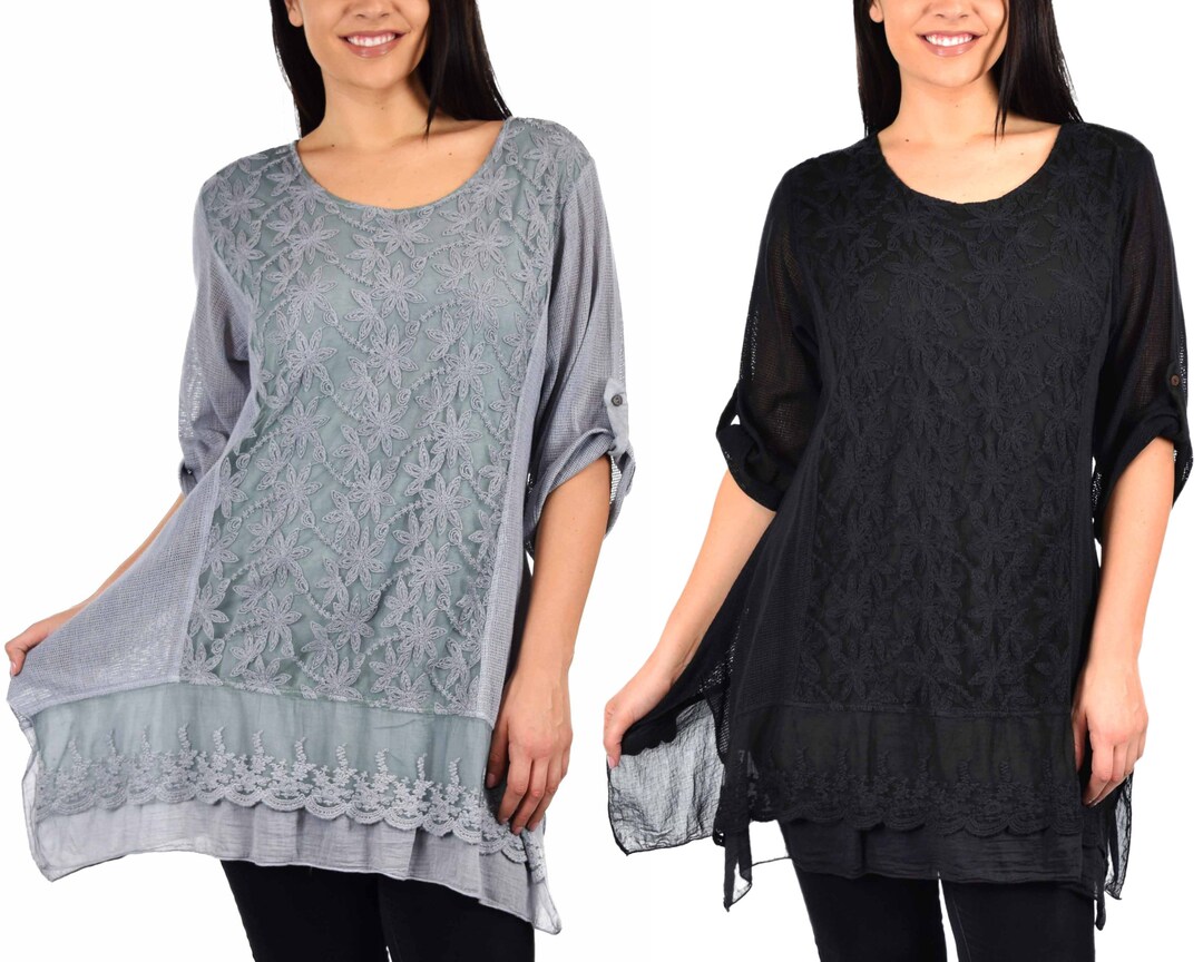 Women Plus Size Loose Fitting Netted Embroidered Tunic Blouse Top With ...