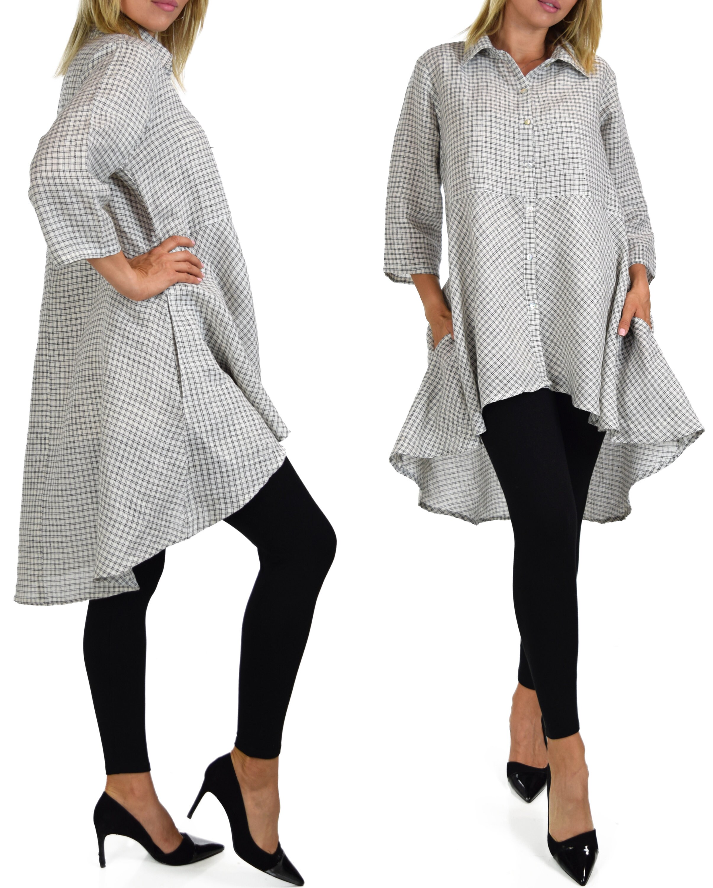 Women Linen High Low Button Down A Line Swing Dress Shirt Top | Reg and ...