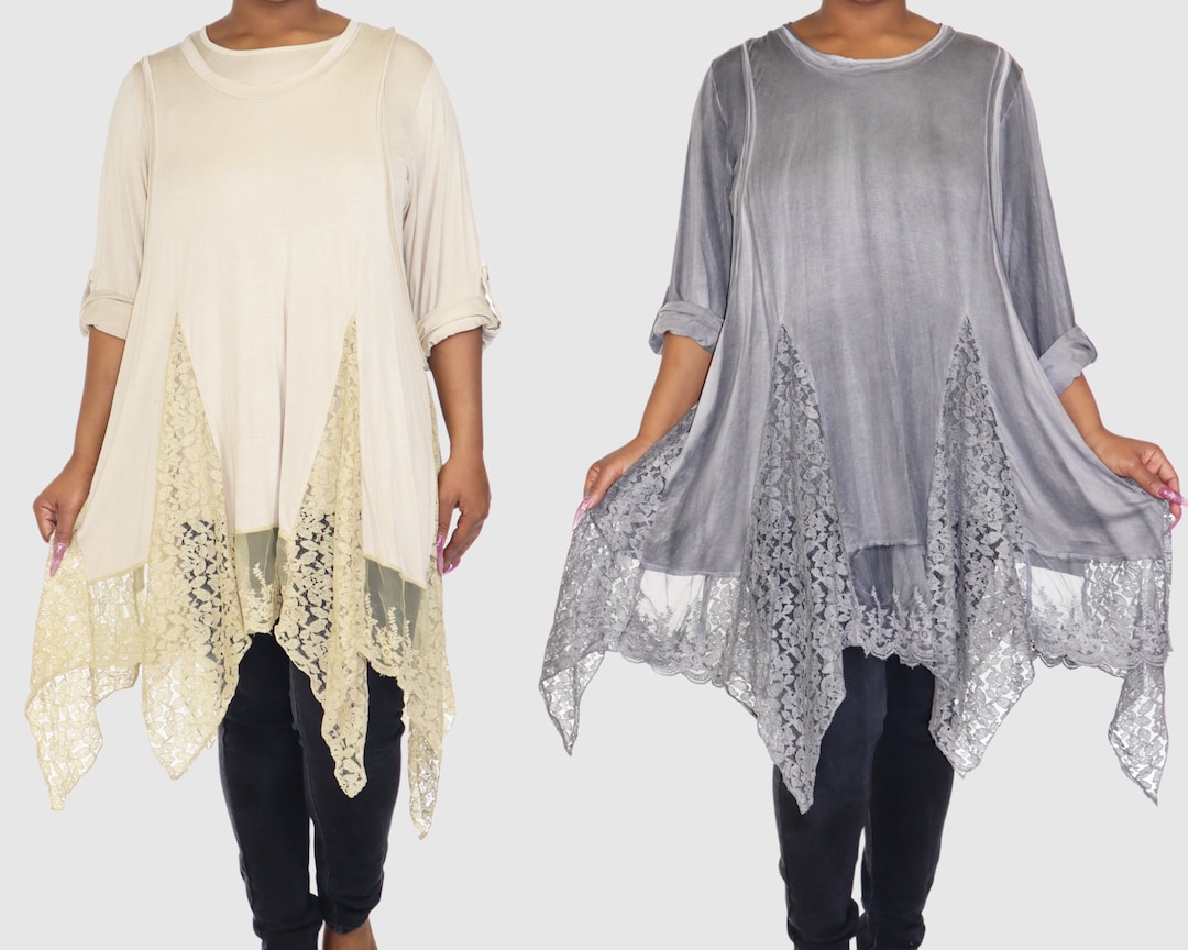 Women Plus Size Asymmetrical Lace Tunic Blouse Top Set, 2 Pc Tunic Set ...