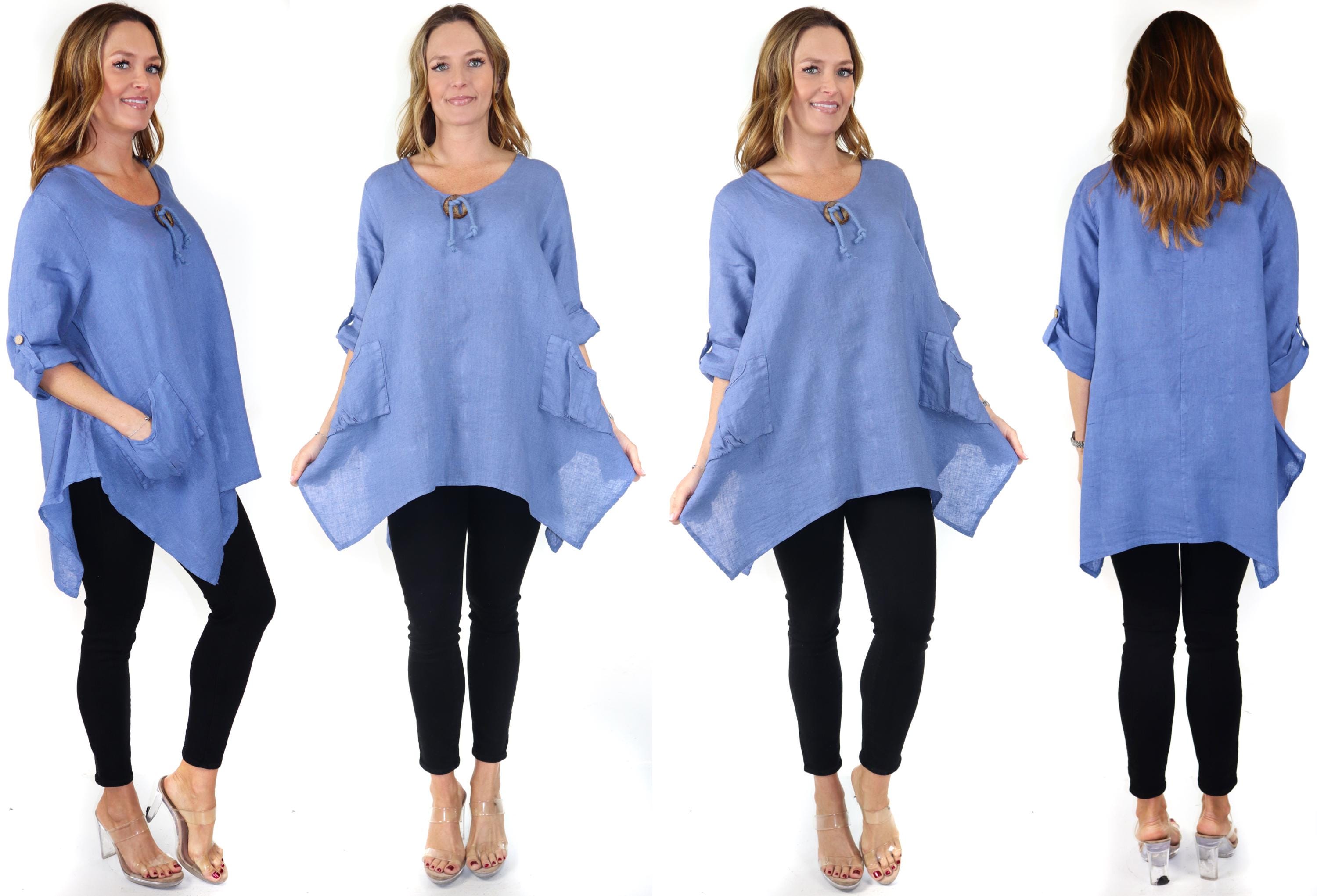 Womens Linen Relaxed Fit Oversized Tunic Blouse Top With Front Pockets ...
