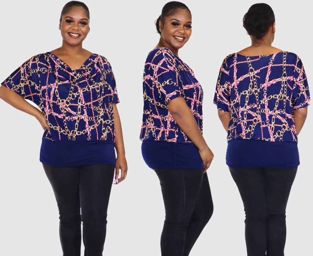 Women Plus Size Chain Art Cover Up, V Neck Plus Size Tunic Blouse Top ...