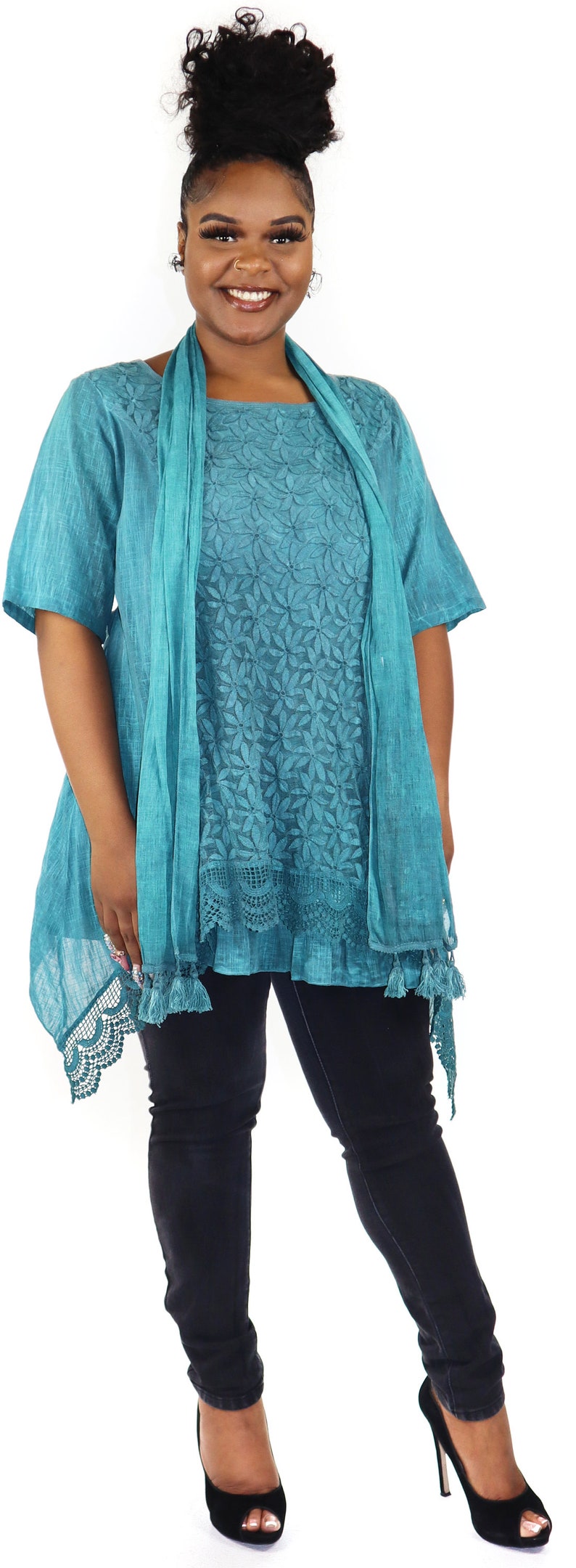 Embroidered Lace Asymmetrical Tunic With Scarf, Plus Size Lace Tunic, 2 ...