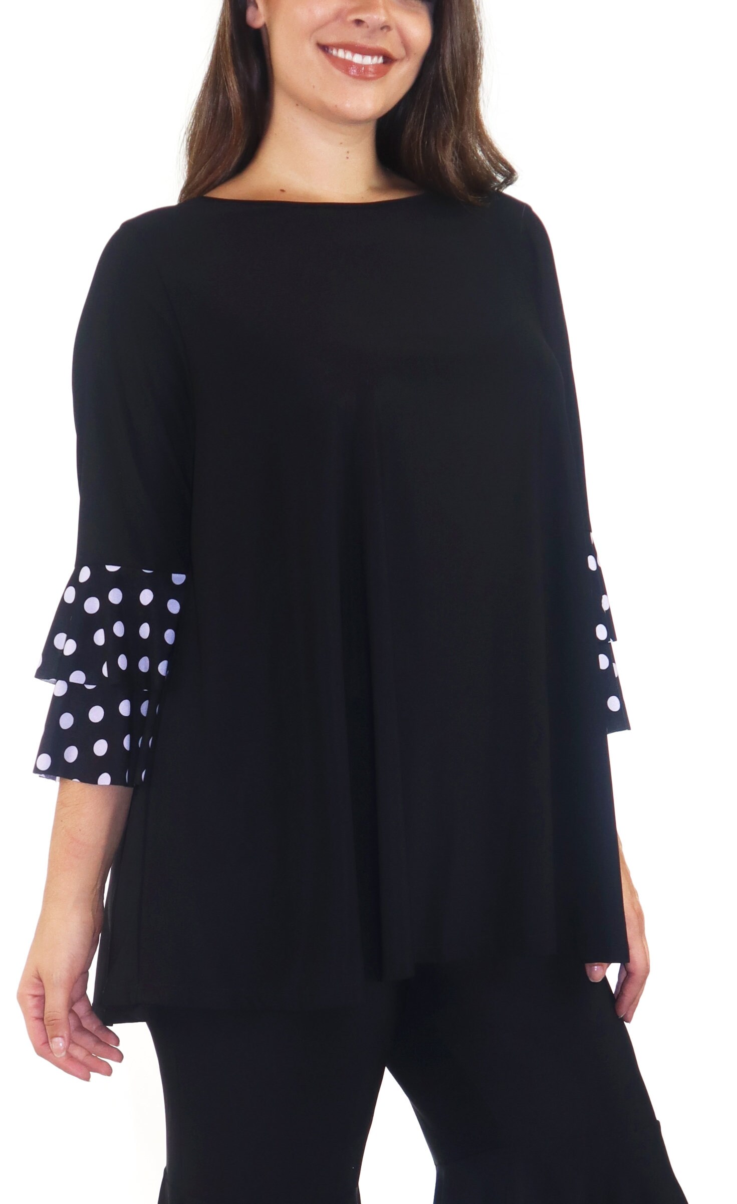 Womens Tunic Blouse Top With Ruffled Polka Dot Sleeves, Regular and ...