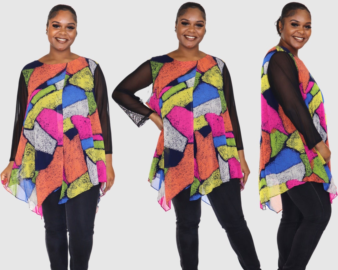 Women Plus Size Newspaper Print Tunic Blouse Top With Asymmetrical Hem ...