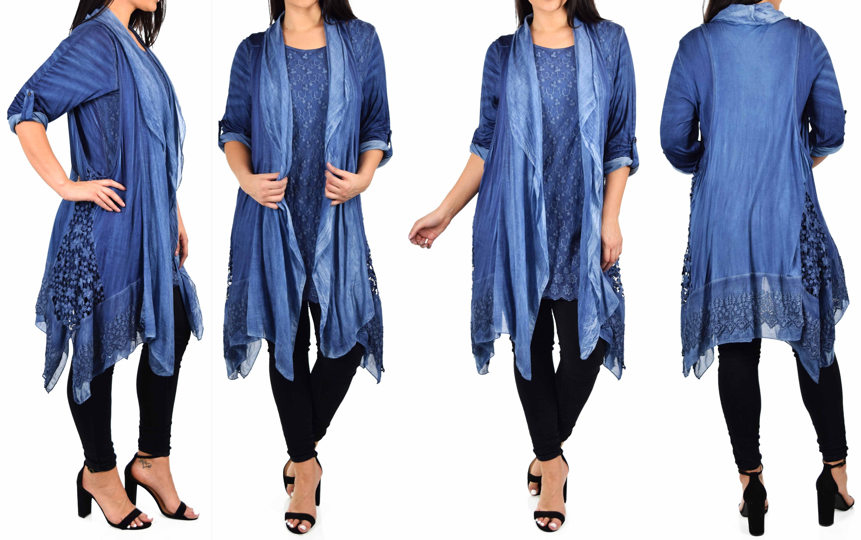Women Plus Size 2 Piece Tunic Duster Set, Embroidered Netter Lace Tunic ...