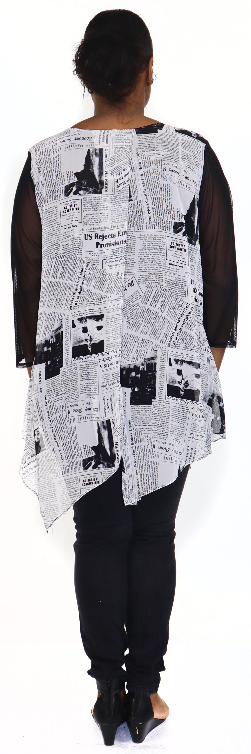 Women Plus Size Newspaper Print Tunic Blouse Top With Asymmetrical Hem ...
