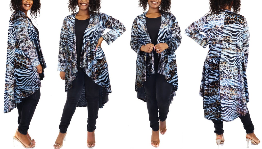 Plus Size Animal Print Velvet Jacket Fits Large-2x, High End Duster ...