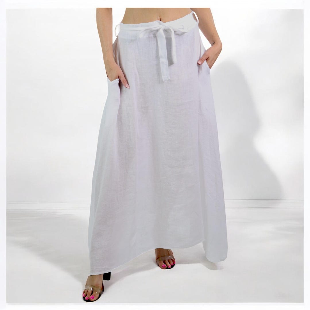 Linen Flowy Uneven Slanting Hemline Bohemian Maxi A Line Skirt With ...