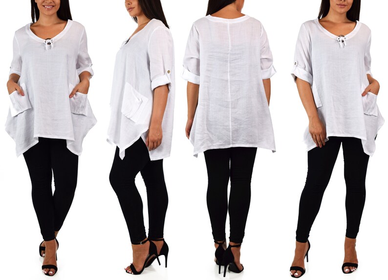 Womens Linen Loose Fit Oversized Tunic Blouse Top With Front Pockets ...