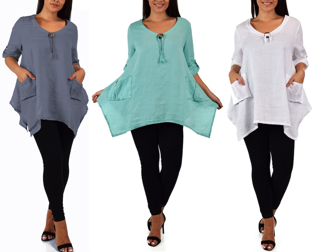 Womens Linen Loose Fit Oversized Tunic Blouse Top With Front Pockets ...