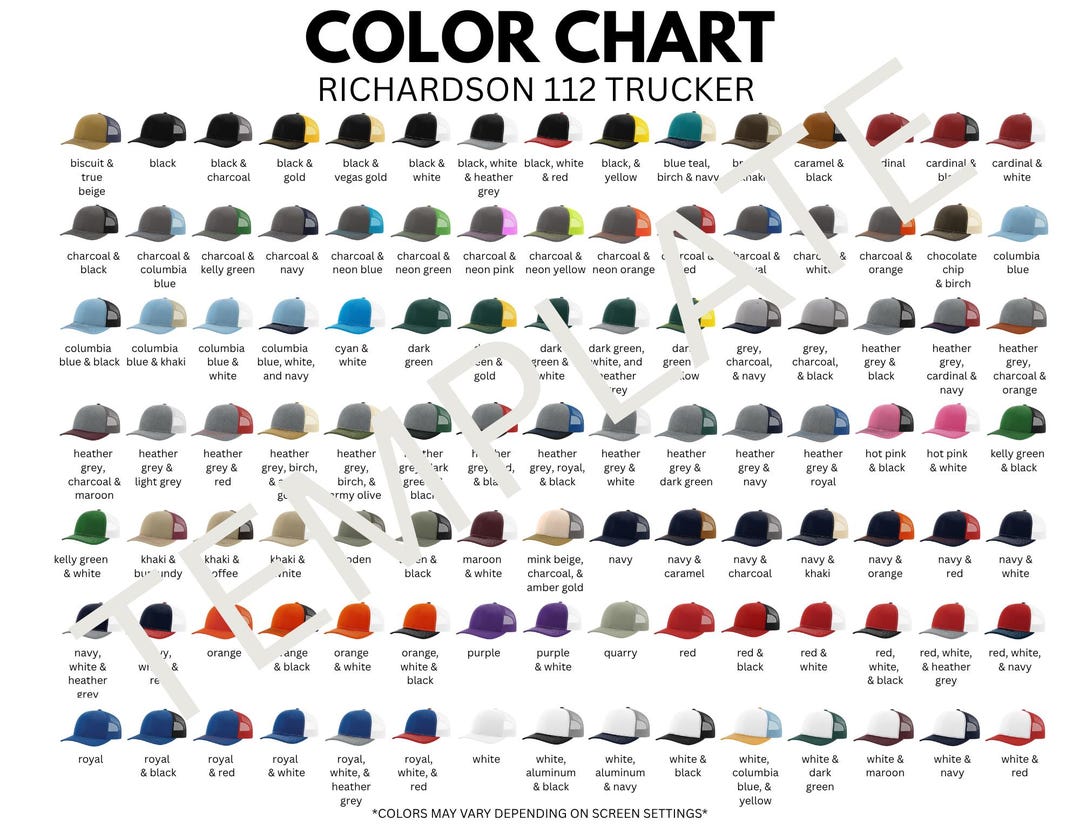 Richardson 112 Hat Color Chart - Canva Template (digital Download) - Etsy