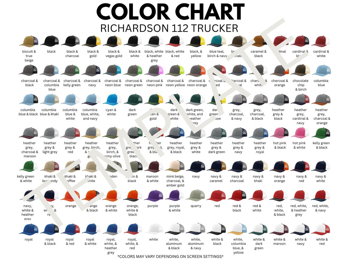 Richardson 112 Hat Color Chart - Canva Template (digital Download) - Etsy