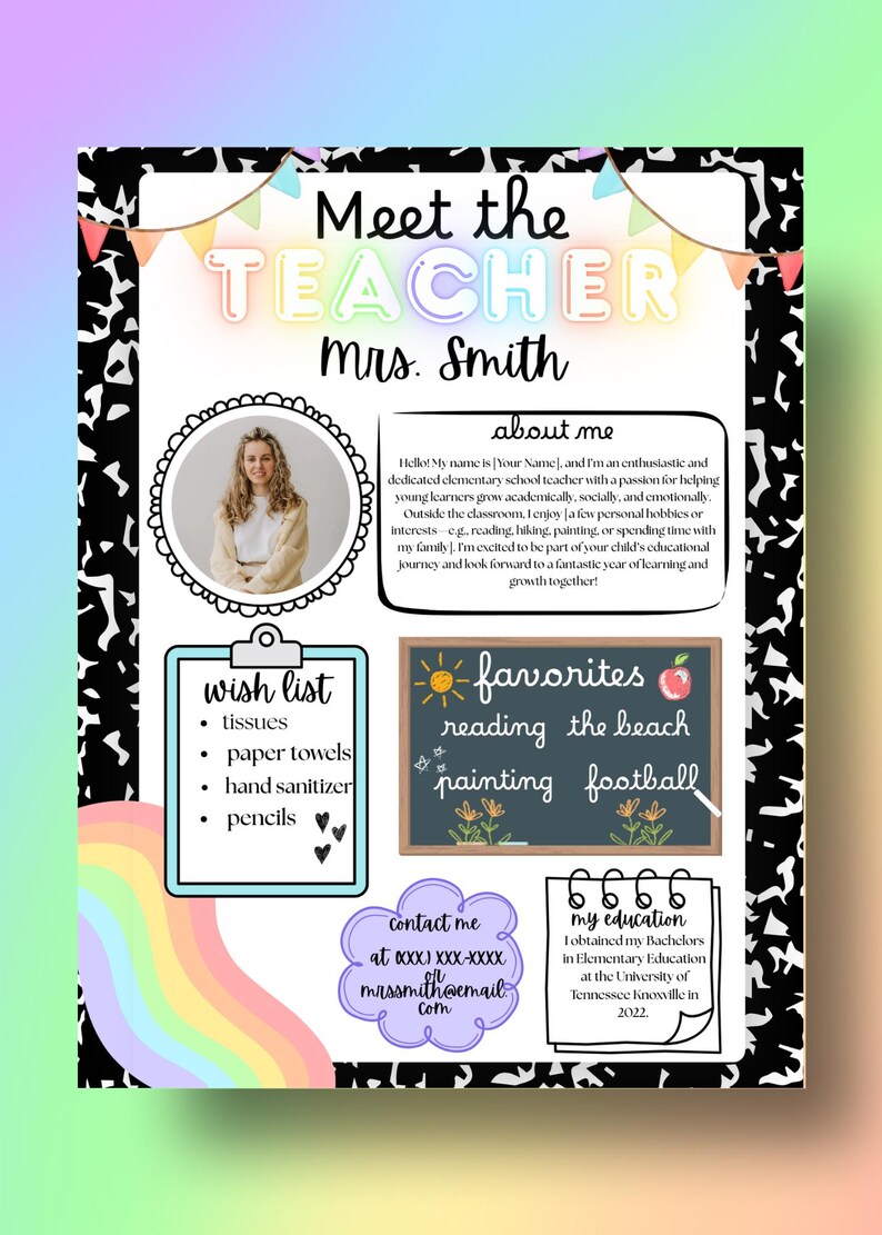 Pastel Rainbow Composition Book Meet the Teacher Digital Template ...