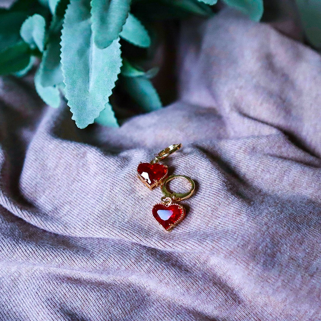Gold Crystal Heart Huggie Earrings, Red/blue/pink, Handmade Drop Hoop ...