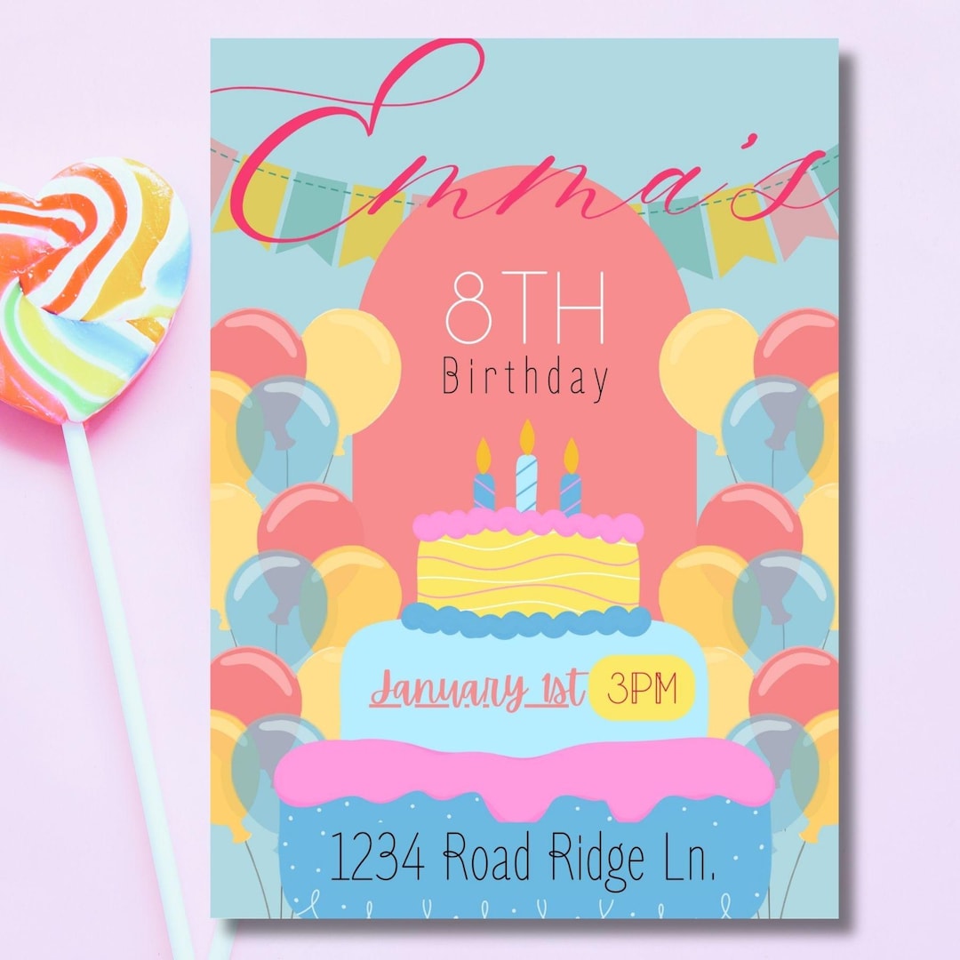 Editable Girl's Birthday Party Invitation, Balloons and Cake Girly ...