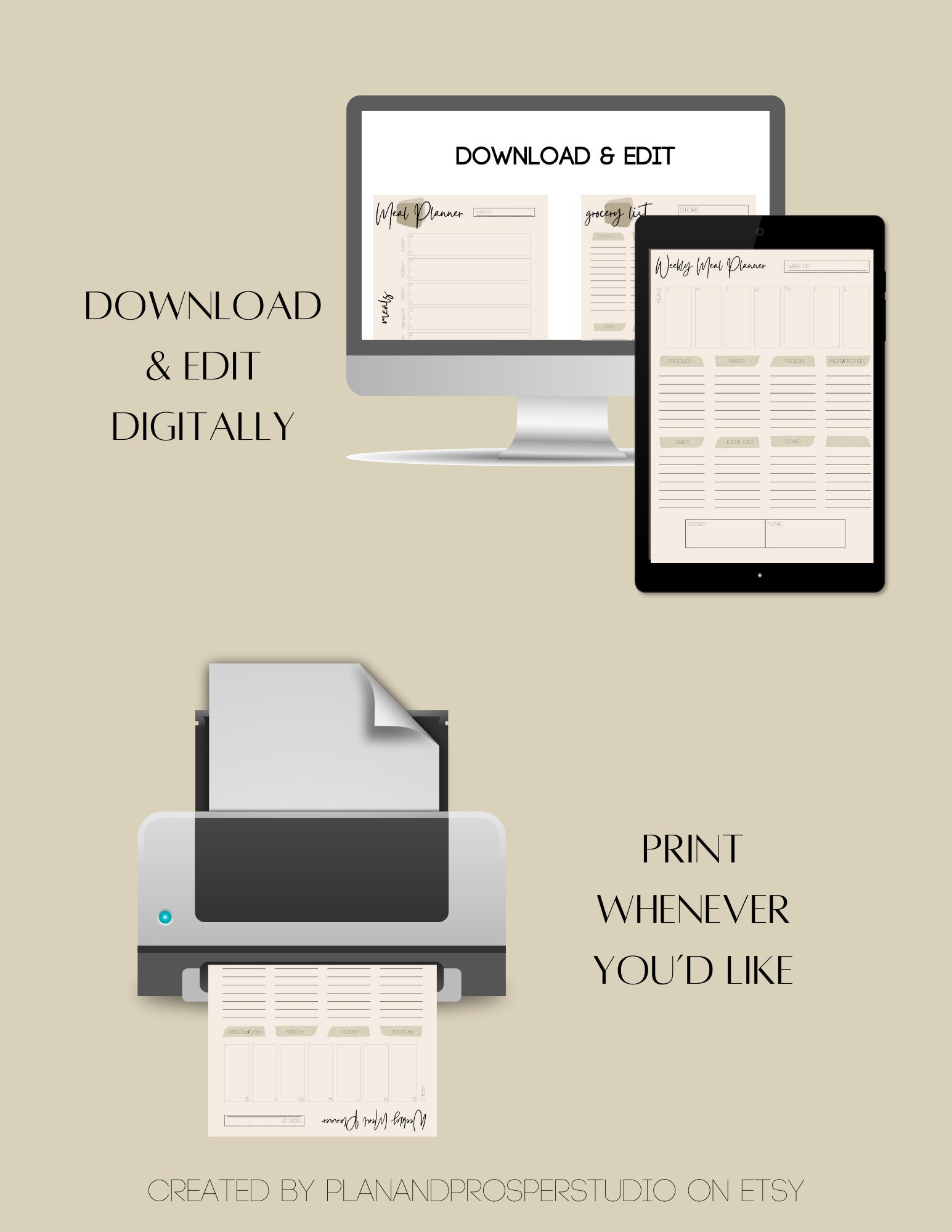 Printable Editable Weekly Meal Planner, Grocery List Template, Digital ...