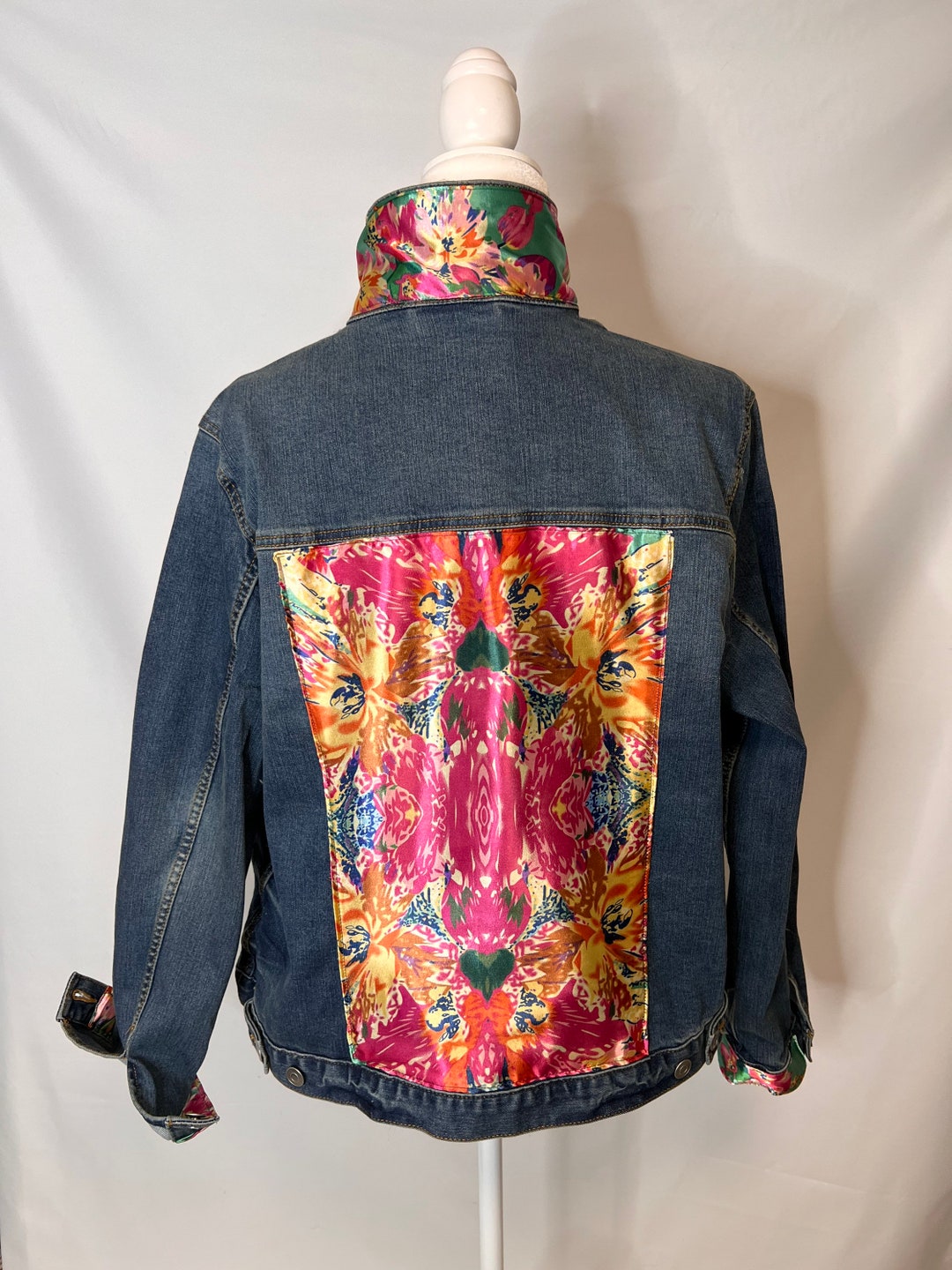 Hot Pink Floral Denim Jacket Silk Scarf Designer Scarf Jean Jacket ...