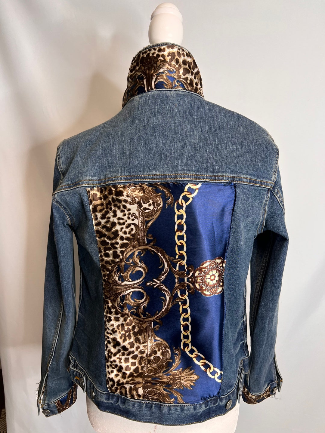 Blue, Gold and Leopard Print Denim Jacket Silk Scarf Equestrian ...