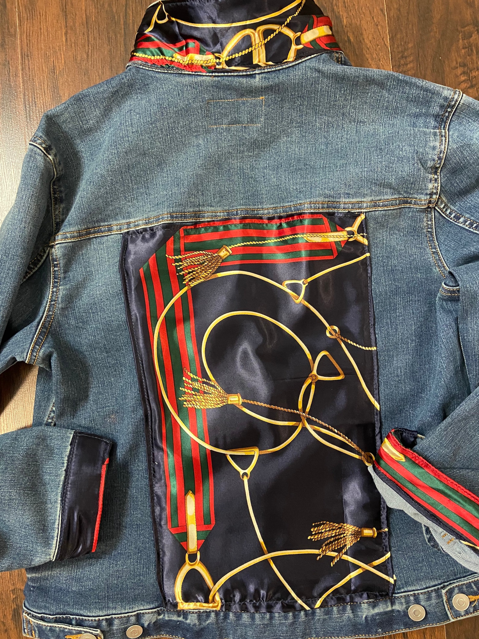 Classic Navy and Gold -blue Denim Jacket Silk Scarf Equestrian Designer ...