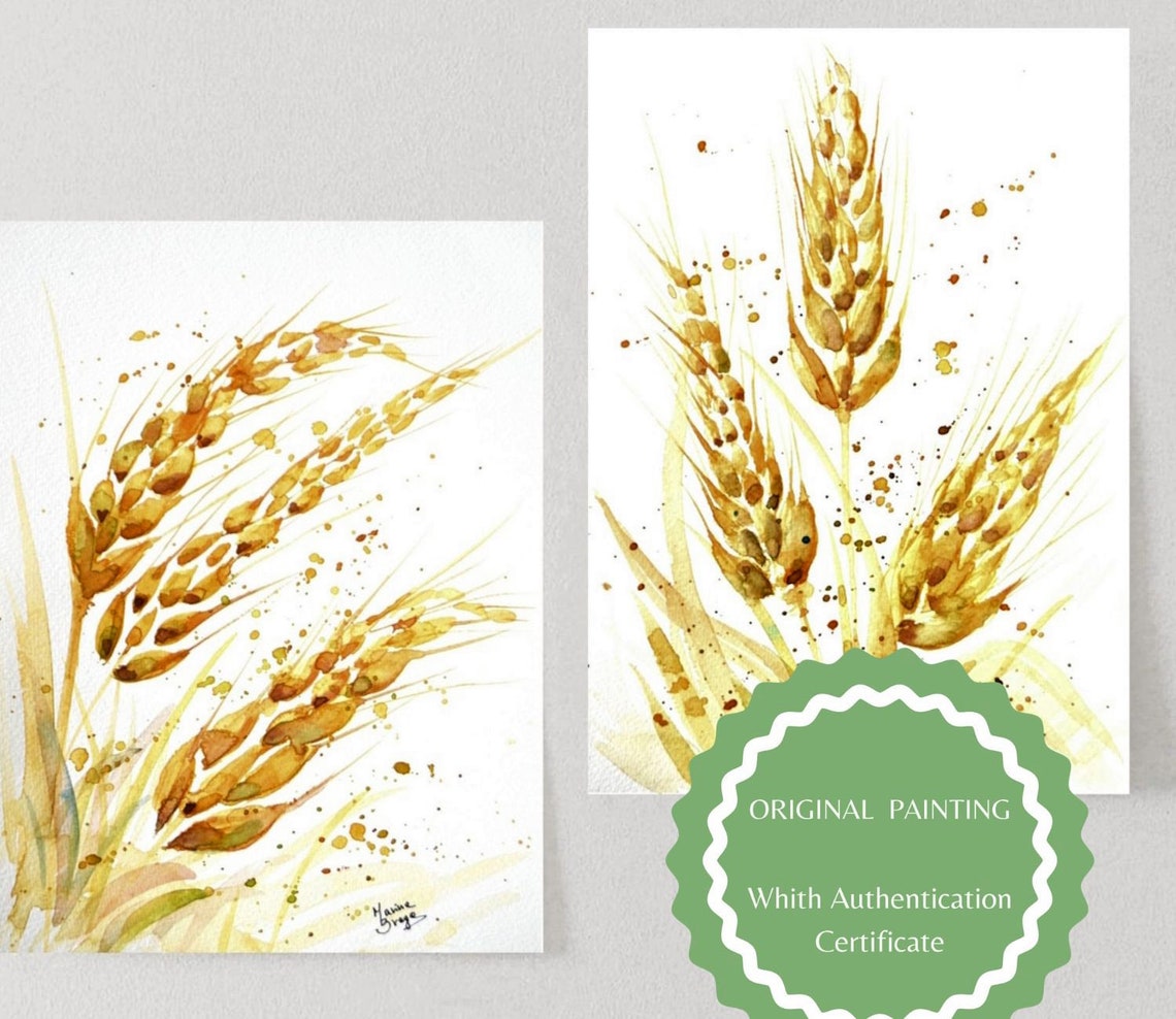 Wheat Watercolor Painting Set - Original Hand-painted Grain Art (8x11 ...