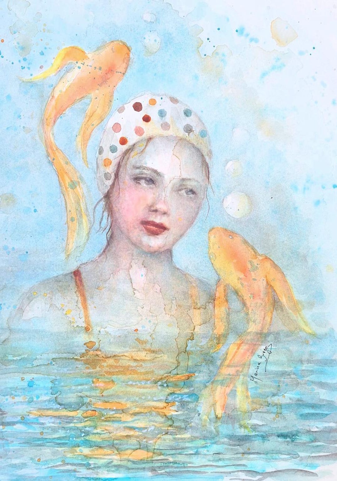 Swimmer Girl With Koi Fishes Original Watercolor Painting-bather Woman ...