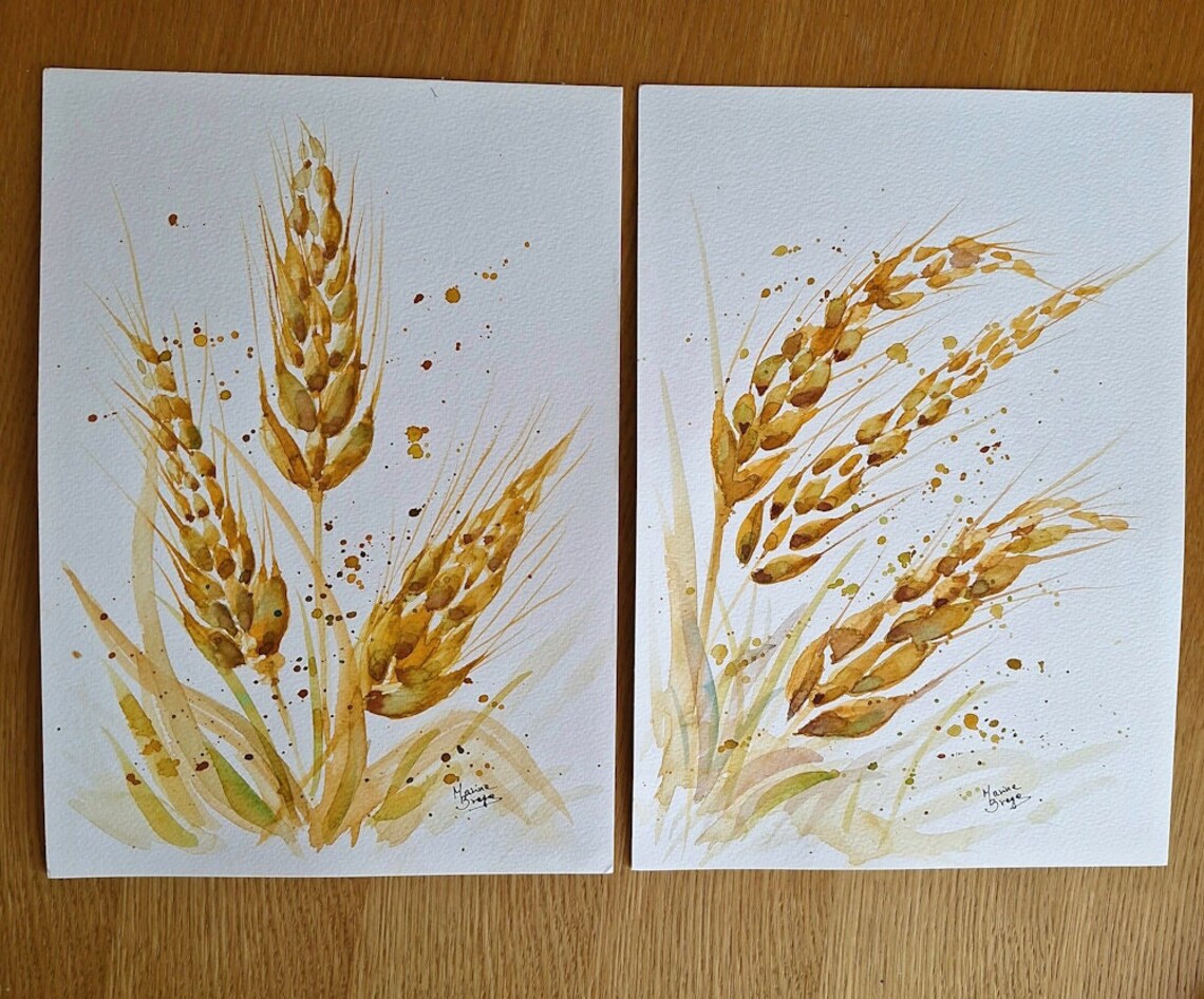 Wheat Watercolor Painting Set - Original Hand-painted Grain Art (8x11 ...