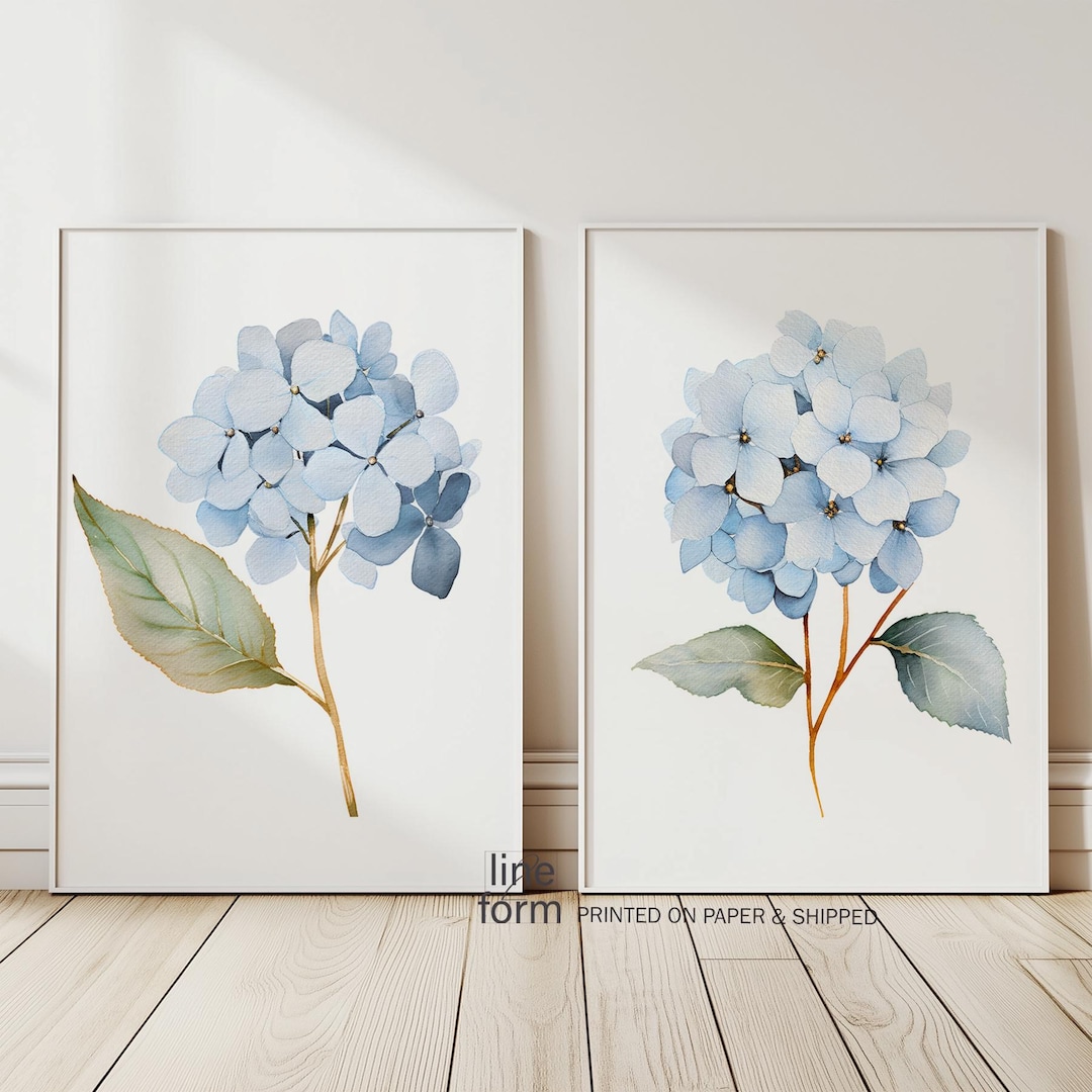 Blue Hydrangea Watercolor Art Print Set of 2: Hamptons Floral Wall ...