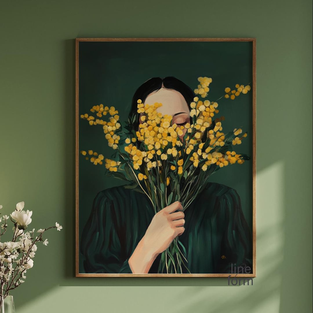 Emerald Green Woman With Mimosa Flowers Art Print: Minimalist Japandi ...