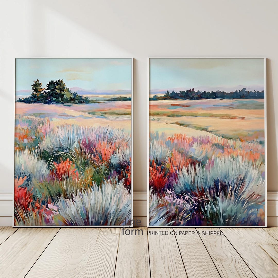 Colorful Landscape Abstract Set of 2 Pieces, Field Landscape Wall Art ...