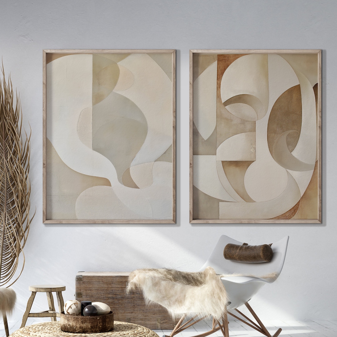 Beige Textured Abstract Forms Set of 2 Prints, Neutral Art Set, 2 ...