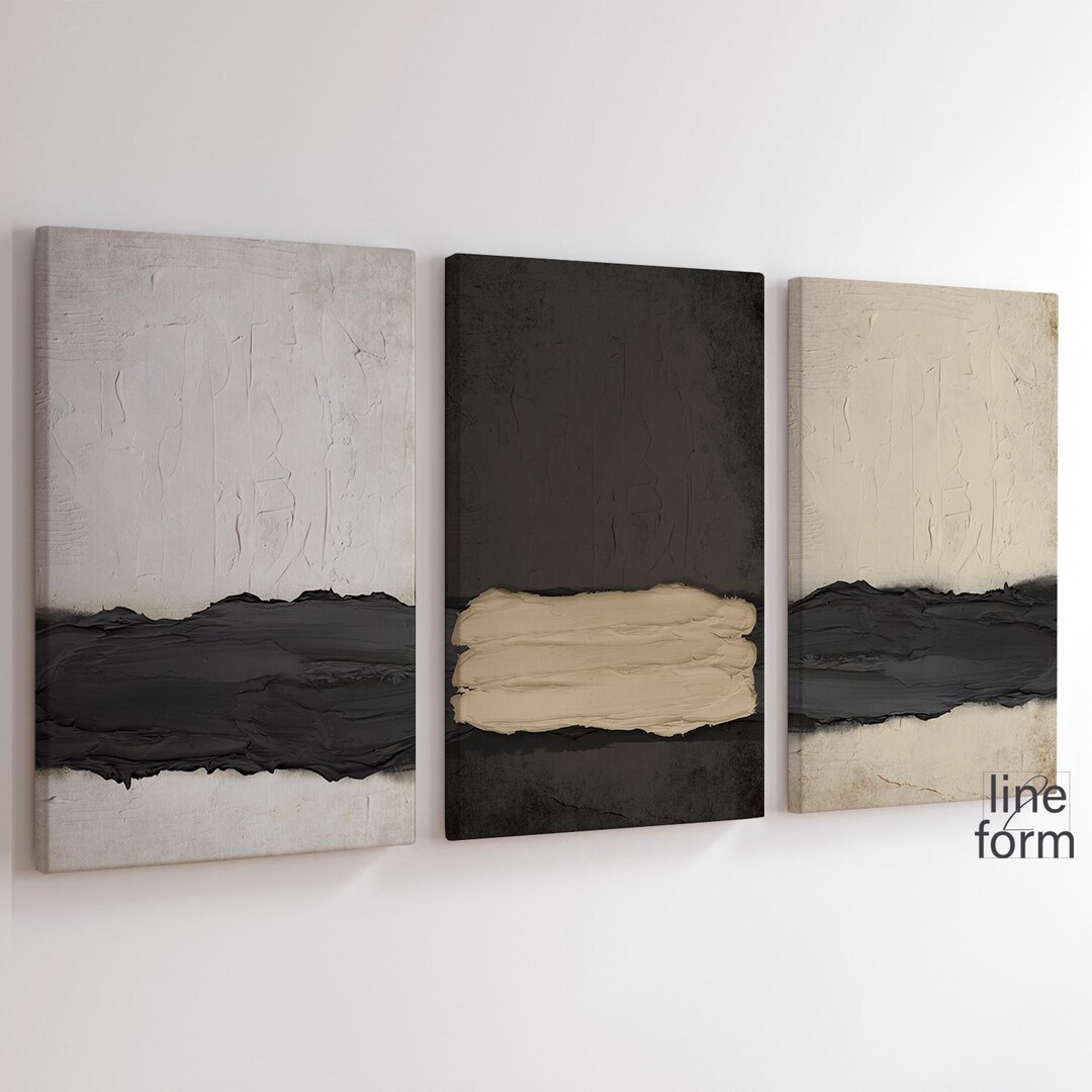 Neutral Abstract Set of 3 Prints, Beige and Black Abstract, Thick Paint ...