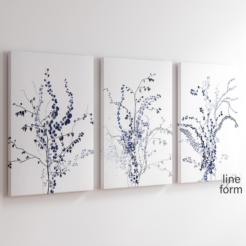 Navy Blue Botanical Watercolor Print Set of 3: Nordic Farmhouse Wall ...