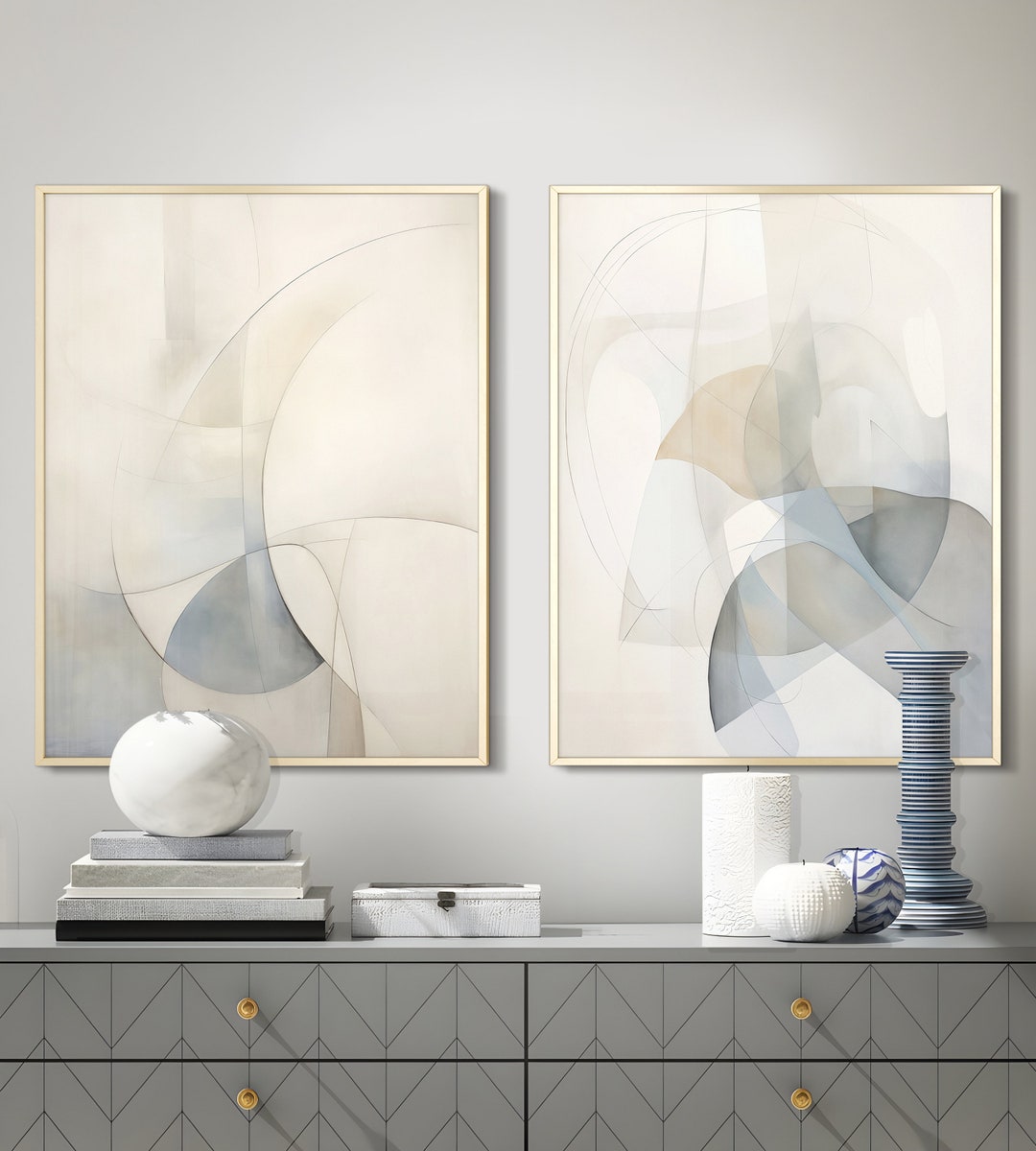Minimal Abstract Set of 2 Prints, Beige Light Blue Abstract Modern Wall ...