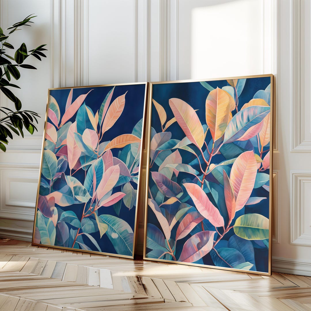 Colorful Rubber Plant Print Set of 2 Pieces, Navy Blue Ficus Elastica ...