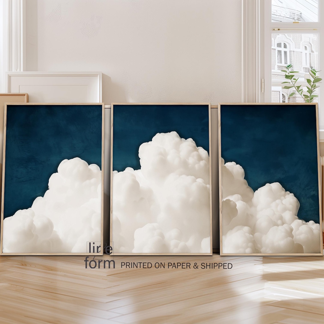 Navy Blue Cloud Wall Art Set of 3 Pieces, Dreamy Clouds Print, Moody ...