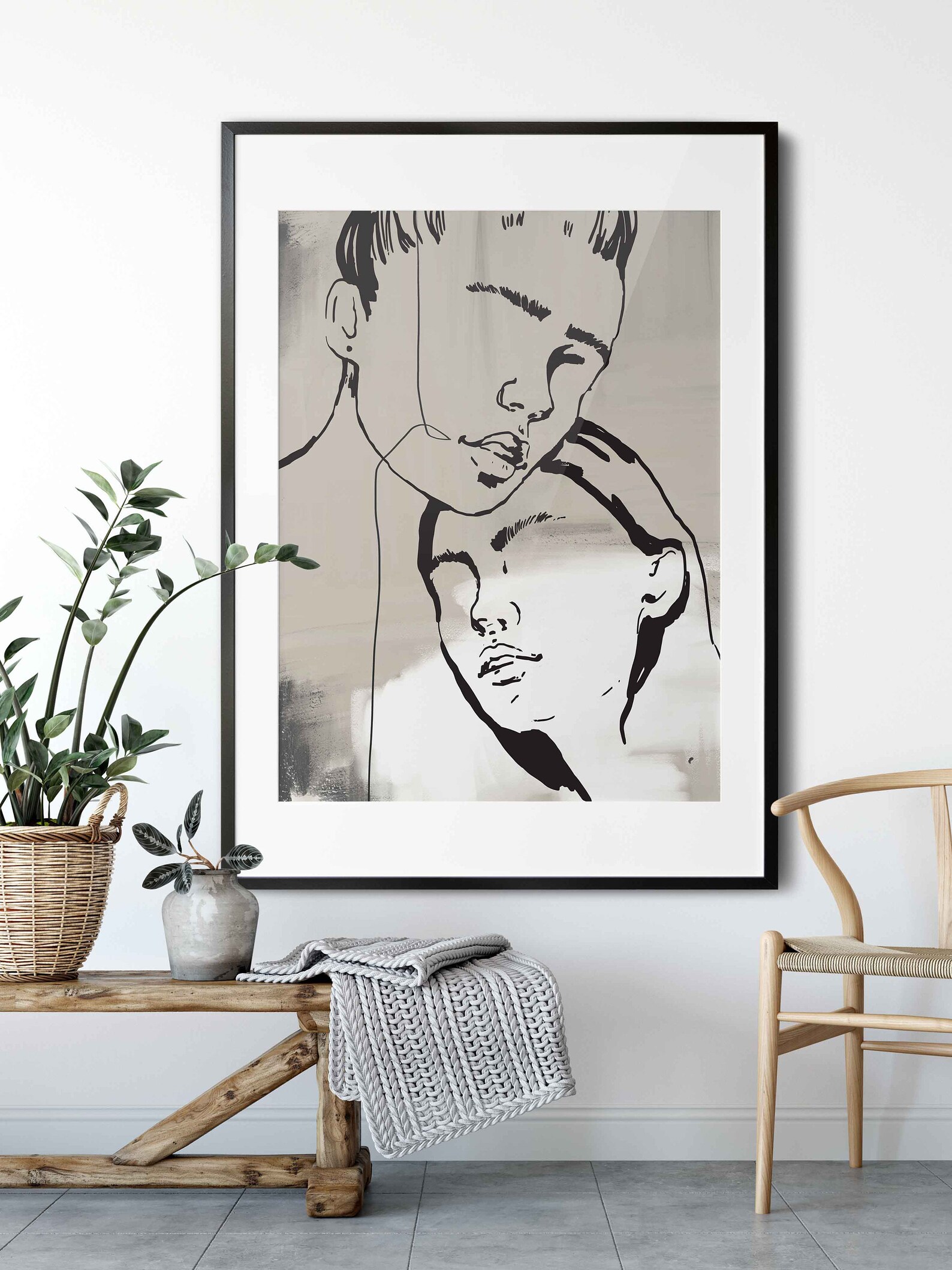Two Female Faces Drawing Greige One Line Art One Line Drawing - Etsy