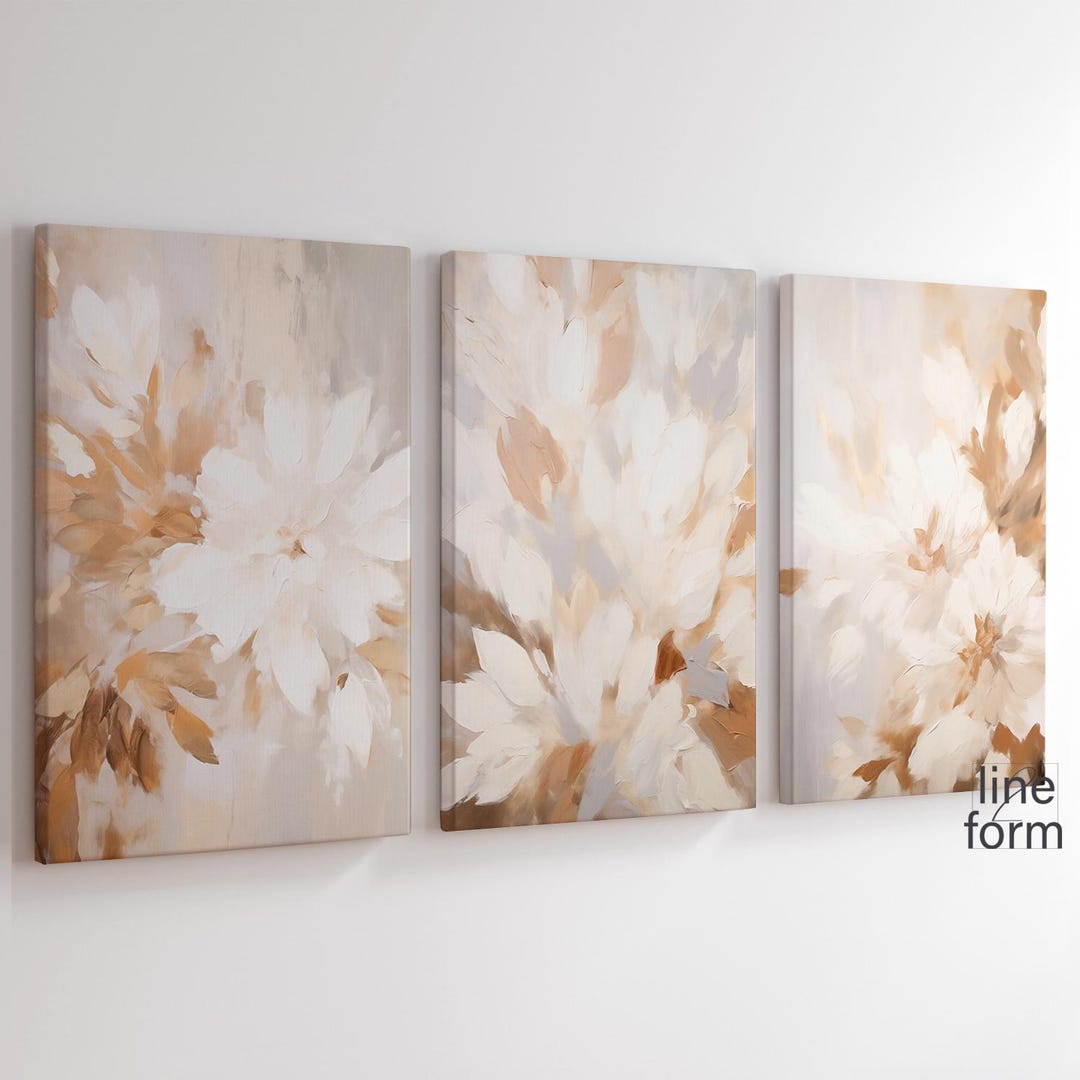 Neutral Floral Print Set of 3, Beige Gray Floral 3 Piece Wall Art ...