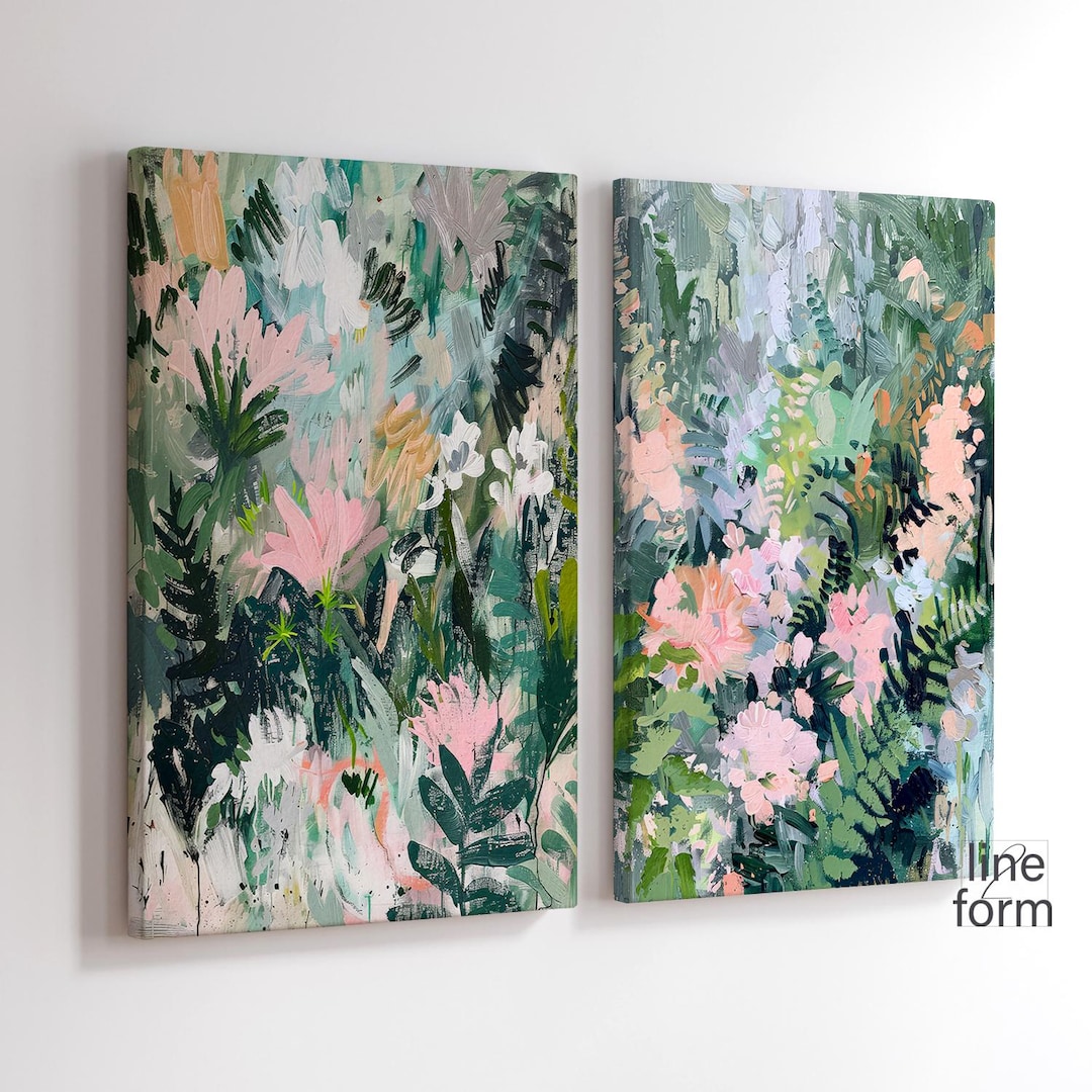 Abstract Floral Print Set: Modern Green & Pink Botanical Art (digital ...