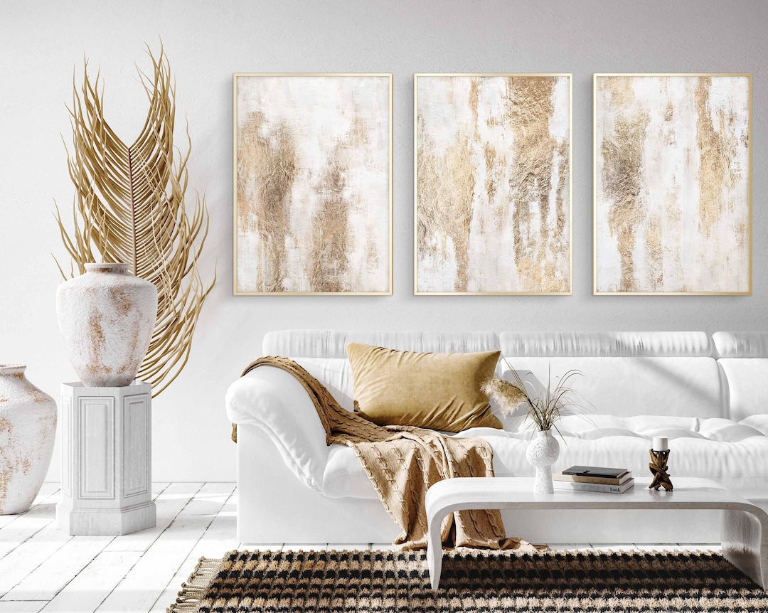 White Gold Abstract Wall Art Set of 3 Prints Neutral Nordic - Etsy