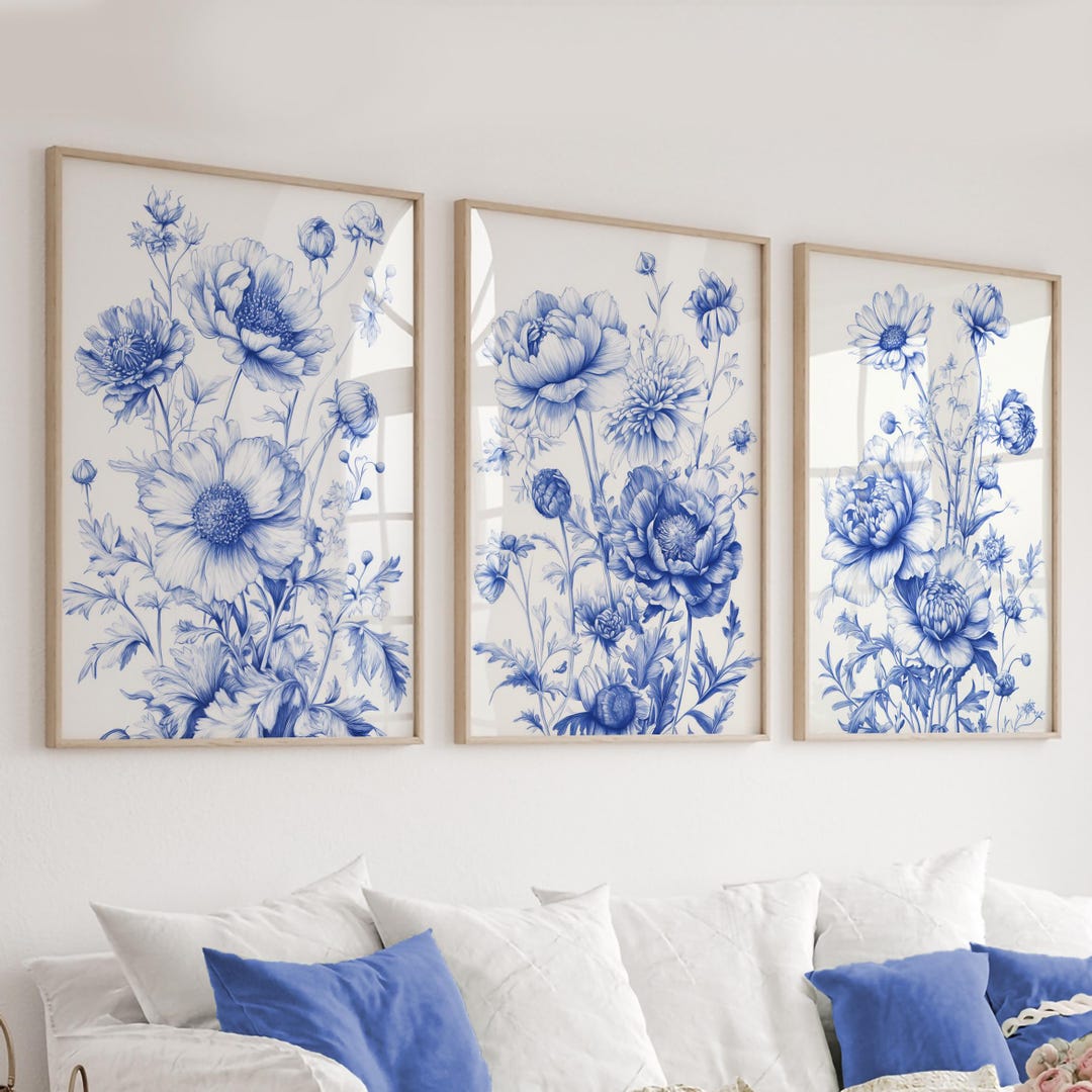 Blue Floral Chinoiserie 3 Piece Wall Art, Minimal Flower Art, Botanical ...