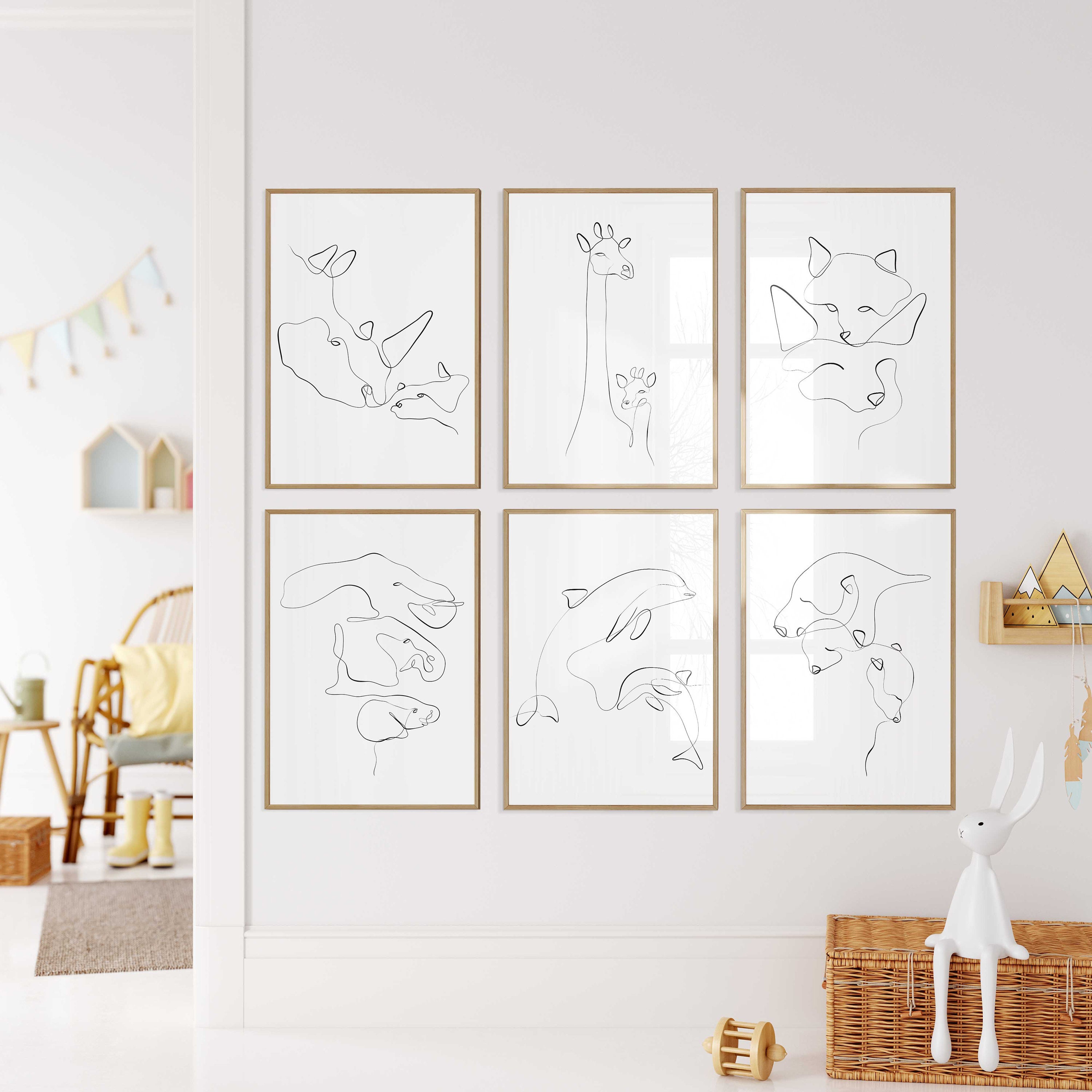 Nursery Wall Art Set of 6 Animal Print Line Drawing One Line - Etsy