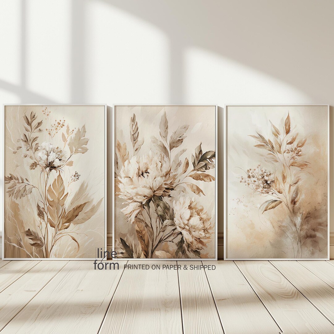 Beige Floral Print Set of 3: Neutral Botanical Wall Art - Etsy