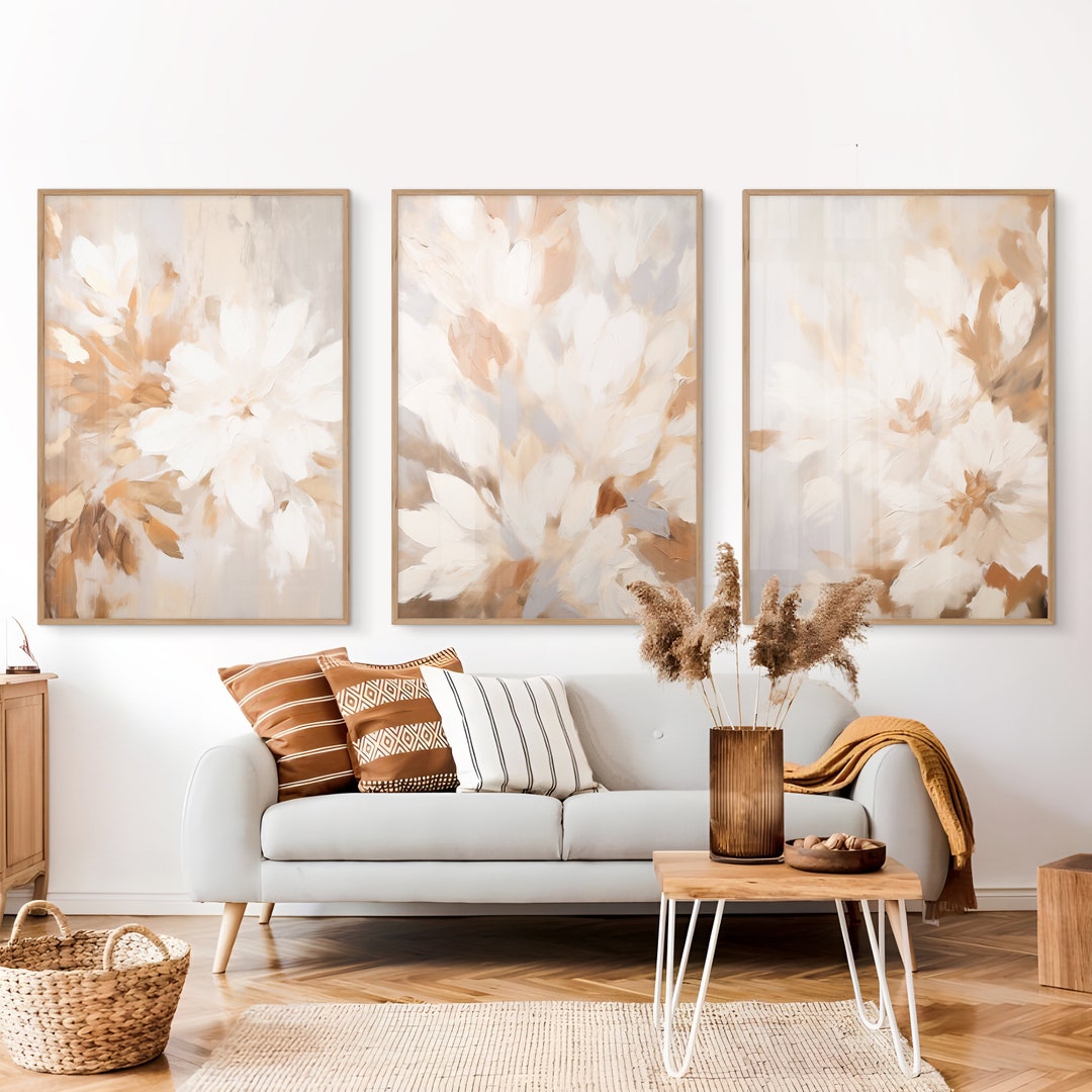 Neutral Floral Print Set of 3, Beige Gray Floral 3 Piece Wall Art ...
