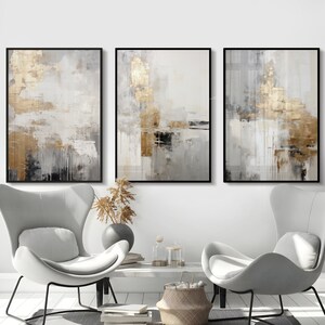 Gray Gold Abstract Art Print Set of 3 Textured Modern Neutral Abstract ...