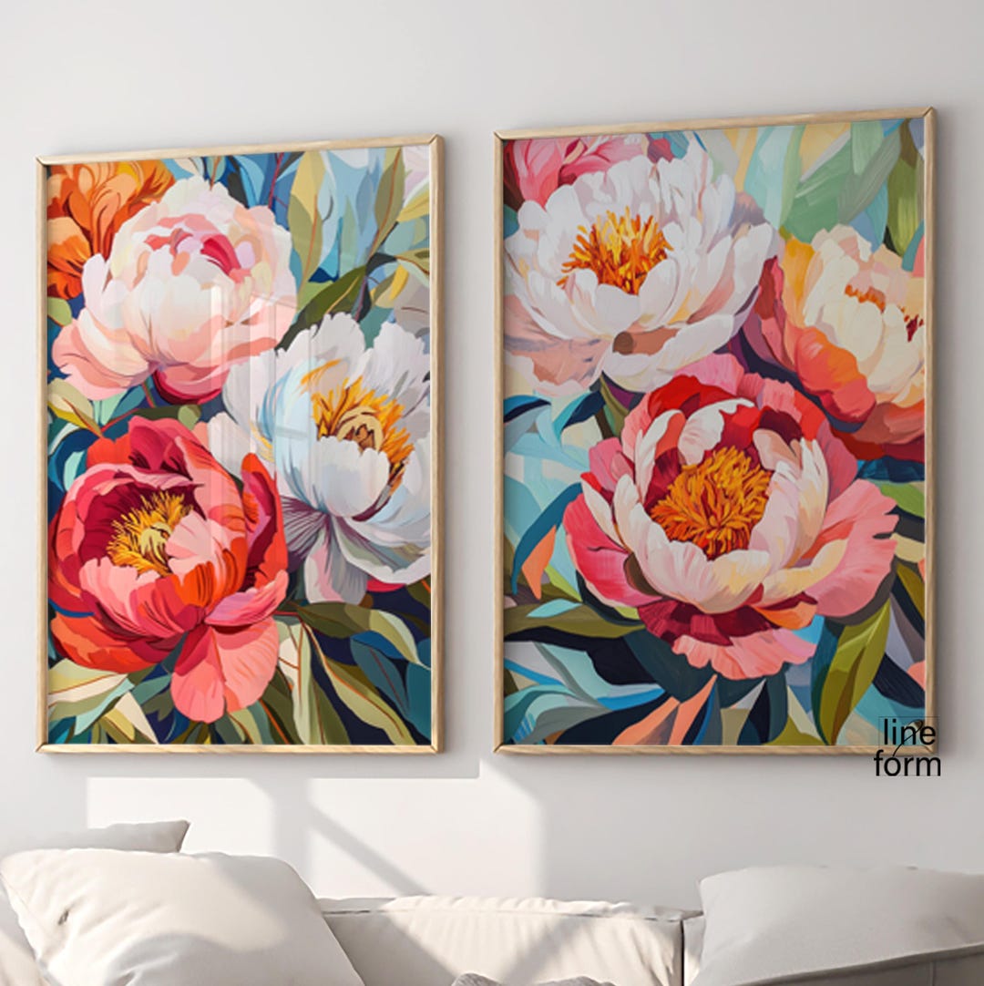 Vibrant Peony Art Print Set of 2 Pieces, Peony Wall Art, Peony Floral ...