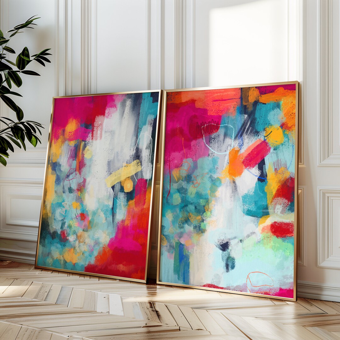 Colorful Abstract Set of 2 Prints Multicolour Painting Vibrant Colors ...